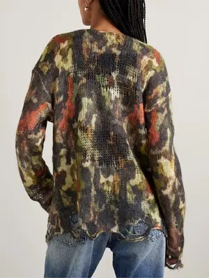 R13 Boyfriend Distressed Camouflage-print Open-knit Sweater