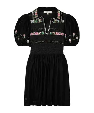 Sea Embellished Mini Dress With Puff Sleeves