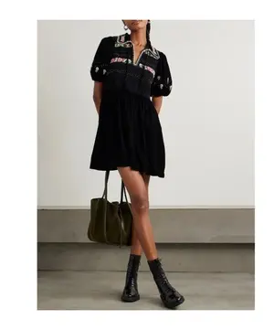 Sea Embellished Mini Dress With Puff Sleeves