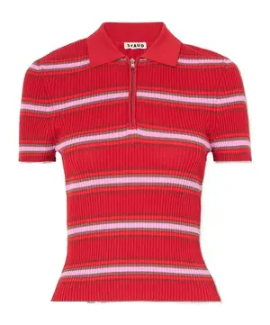 Staud Staud "Ren" Striped Ribbed Knit Polo Shirt No