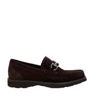 FERRAGAMO Chocolate Suede Loafers With Logo Buckle - Black