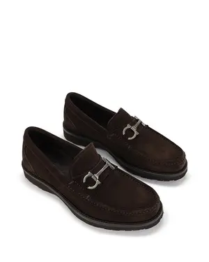 FERRAGAMO Chocolate Suede Loafers With Logo Buckle - Black