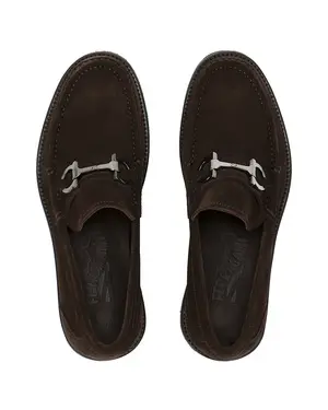 FERRAGAMO Chocolate Suede Loafers With Logo Buckle - Black