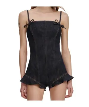 SELF-PORTRAIT Denim Bow Playsuit - Indigo