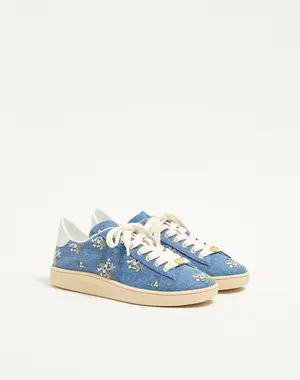 Valentino Garavani Royco Embroidered Denim Lace-up Sneakers - Blue