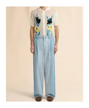 Marni High-waisted Wide-leg Chambray Trousers With Foulard Detail