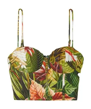 Farm Rio Botanical Forest Cropped Floral-print Linen-blend Top - Green
