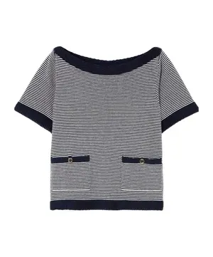 FRAME Striped Boat Neck Short Sleeve Sweater With Pockets