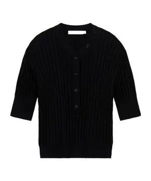 IRO PARIS Lunea Ribbed Knit 3/4 Sleeve Button Detail Sweater - Black