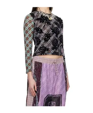 CHOPOVA LOWENA Long-sleeve Mesh Top With Plaid And Floral Print - Black