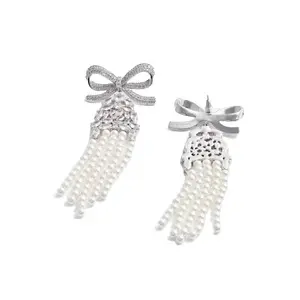 SELF-PORTRAIT Embellished Bow Drop Earrings With Faux Pearl Tassel