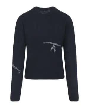 Dries Van Noten Long-sleeved Crewneck Jumper With Leaf Print - Navy