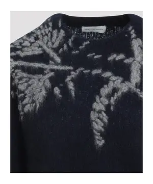 Dries Van Noten Long-sleeved Crewneck Jumper With Leaf Print - Navy