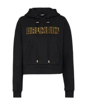 Balmain Cropped Cotton Sweatshirt With Gold Logo