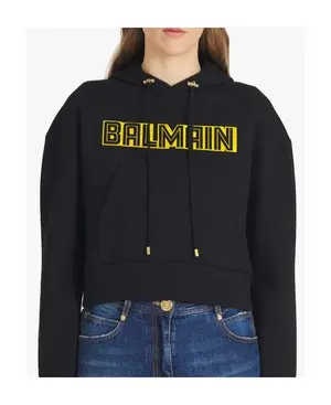 Balmain Cropped Cotton Sweatshirt With Gold Logo