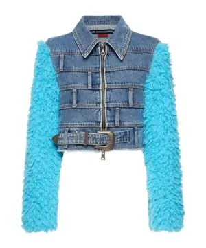 Andersson Bell Zip-up Patchwork Denim Jacket With Furry Sleeves - Blue