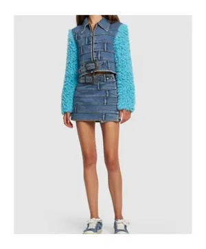 Andersson Bell Zip-up Patchwork Denim Jacket With Furry Sleeves