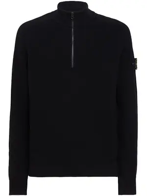 Stone Island Logo Cotton Half-zip Knit Sweater - Black