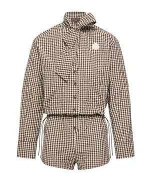 Moncler Gingham Checks Romper With Self-tied Bow - White/brown
