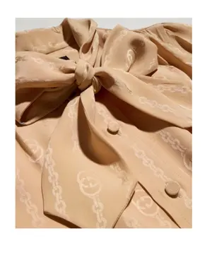 Gucci Interlocking G Chain Silk Jacquard Shirt With Self-tie Bow - Beige