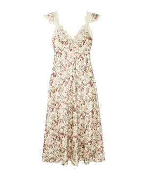 DÔEN Floral Print Lace Trimmed Midi Dress - No