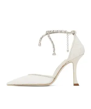 JIMMY CHOO Stevie 100 Pointed Toe Stiletto Heels With Chain Ankle Strap - Ivory White