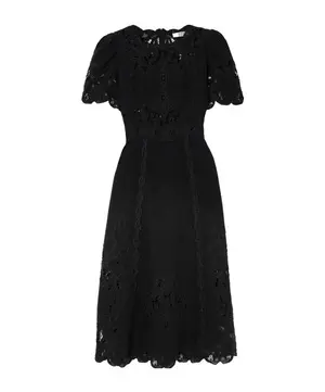 Sea Embroidered Mid-length Dress With Puffed Sleeves And Scalloped Hem