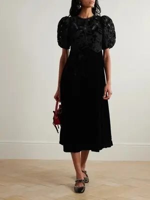 Sea Embroidered Lace-trimmed Puff Sleeve Midi Dress