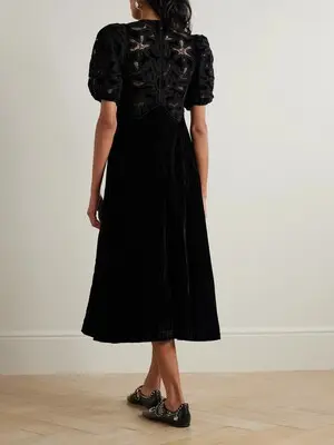 Sea Embroidered Lace-trimmed Puff Sleeve Midi Dress