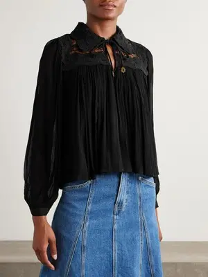 Sea Lace-trimmed Crinkled Crepon Blouse