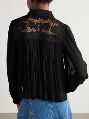 Sea Lace-trimmed Crinkled Crepon Blouse