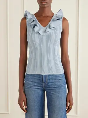 Zimmermann Aster Metallic Ruffled V-neck Top - Blue