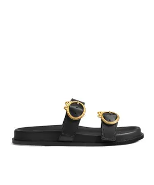 Dior Round Toe Flat Sandals With Buckle Detailing - Black