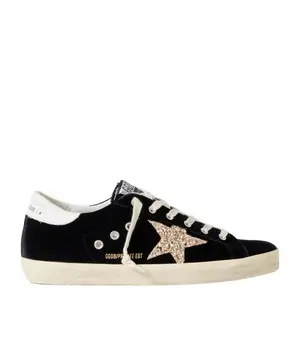 GOLDEN GOOSE Super-star Distressed Glittered Leather And Velvet Sneakers - Black