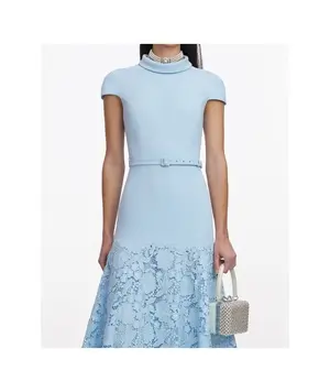 SELF-PORTRAIT Crepe Lace Midi Dress With High Neck And Belt