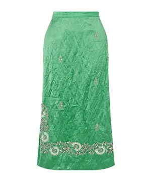 Erdem Floral Embroidered Crinkled Satin Midi Skirt - Green