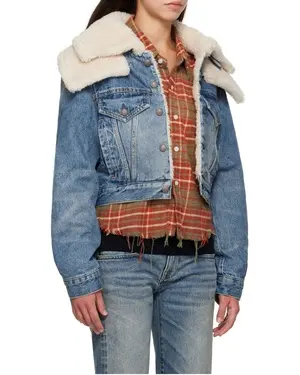 R13 Long Sleeve Denim Jacket With Wool Collar