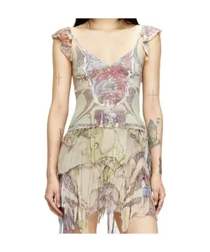 DIESEL® M-fiore Medieval Printed Ruffle-shoulder Knitted Top