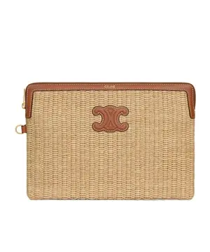 CELINE SMALL POUCH WITH STRAP IN Raffia Effect Textile And Calfskin