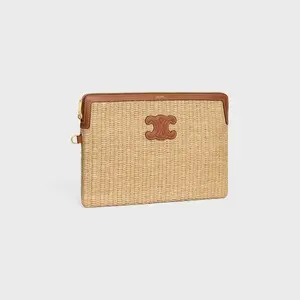 Celine Small Pouch With Strap In Raffia Effect Textile And Calfskin