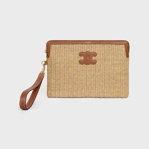 Celine Small Pouch With Strap In Raffia Effect Textile And Calfskin