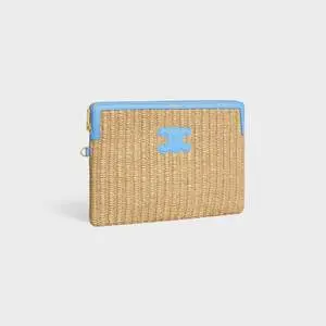 Celine Small Pouch With Strap In Raffia Effect Textile And Calfskin
