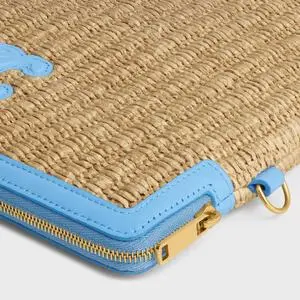 Celine Small Pouch With Strap In Raffia Effect Textile And Calfskin