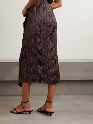 Staud Mai Draped Pleated Satin Midi Skirt