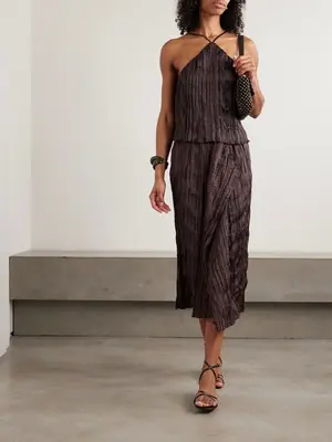 Staud Mai Draped Pleated Satin Midi Skirt