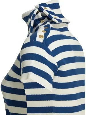 Celine High Neck Cotton Top - White/royal Blue