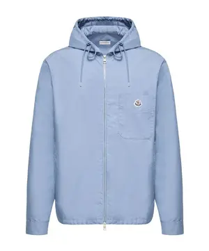 Moncler Cotton Blend Poplin Zip Up Shirt Jacket With Hood