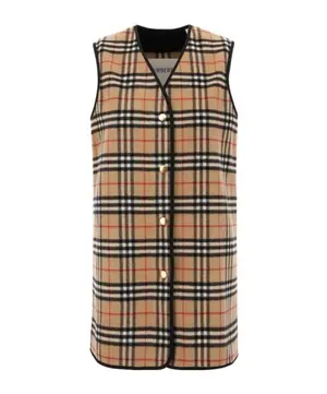 Burberry Plaid Sleeveless V-neck Jacket With Gold Buttons - No