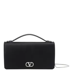 Valentino Garavani Vlogo Signature Chain Wallet In Satin With Jewel Logo - Black
