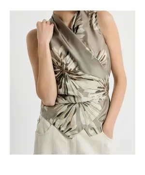 Brunello Cucinelli Sleeveless Floral Wrap Top - Khaki